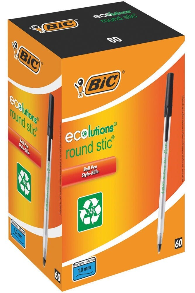 BiC® ECOlutions Round Stic Ballpoint Pen, Black, Box of 60