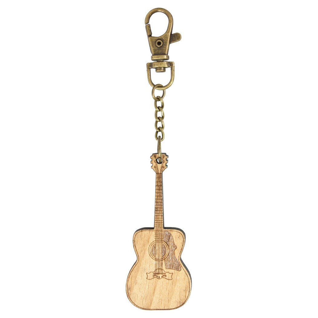Wooden Acoustic Guitar Keyring With Bronze Keychain And Clip