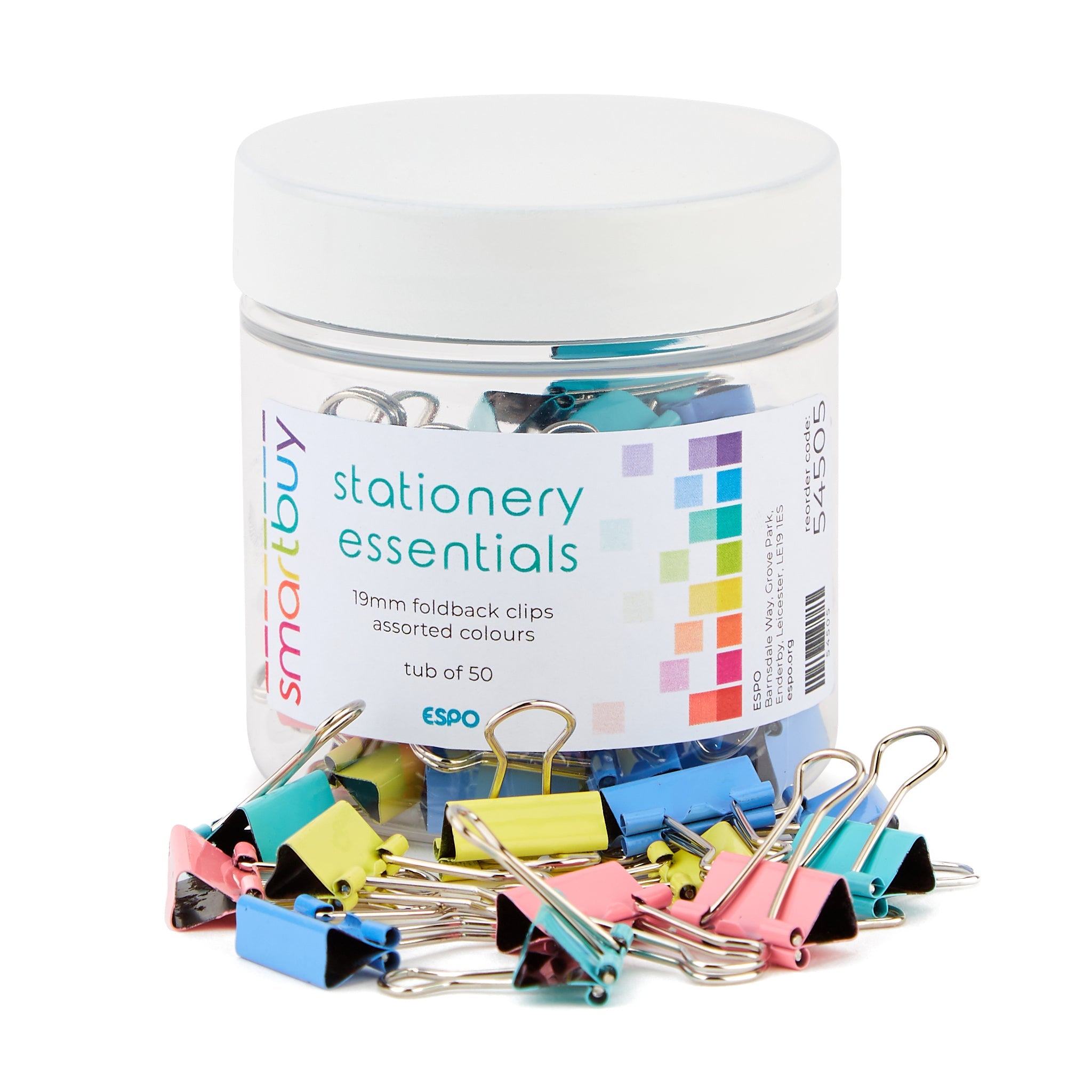 Smartbuy, CLIPS, Foldback Type, Assorted Colours, 19mm, Tub of 50
