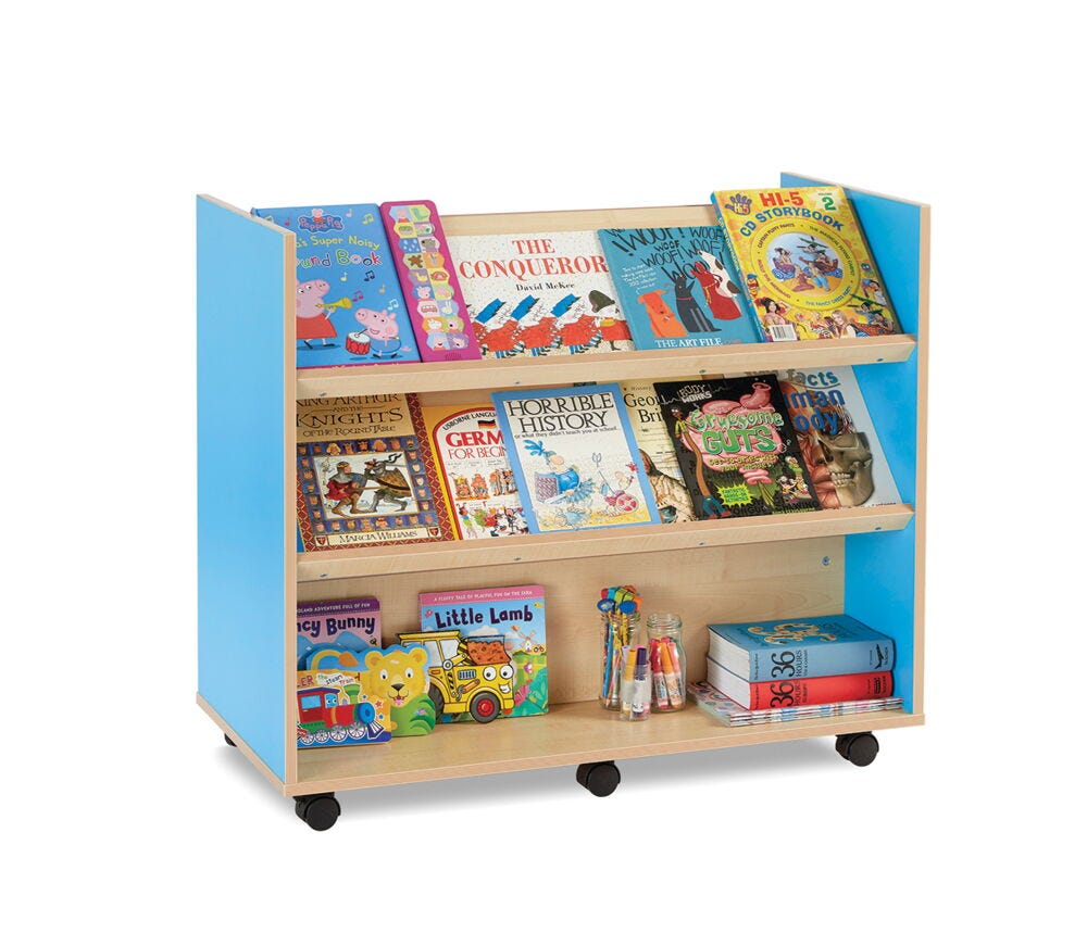 MOBILE LIBRARY UNIT, 1 Flat & 2 Angled Shelves, Cyan