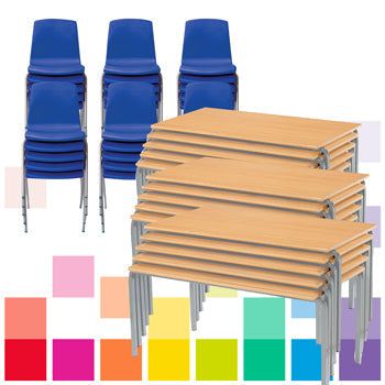 STACKING TABLES & CHAIRS CLASS PACK, RECTANGULAR, 1200 x 600mm depth,